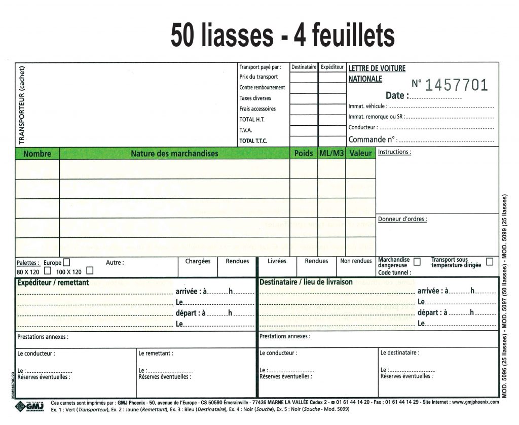 Lettre de voiture nationale - 50 liasses 4 feuillets vierges 5097N ...